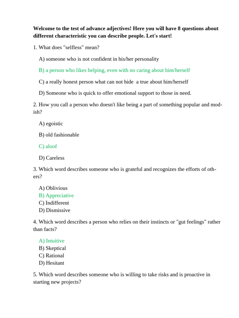 Adjectives Test | PDF | Social Science