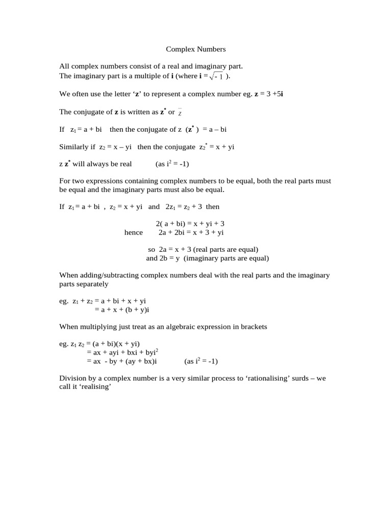 Complex Numbers Notes | PDF | Complex Number | Cartesian Coordinate System