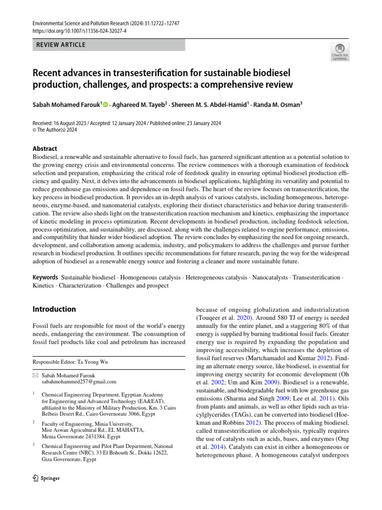 Recent Advances in Transesterification For Sustainable Biodiesel Production, Challenges, and ...