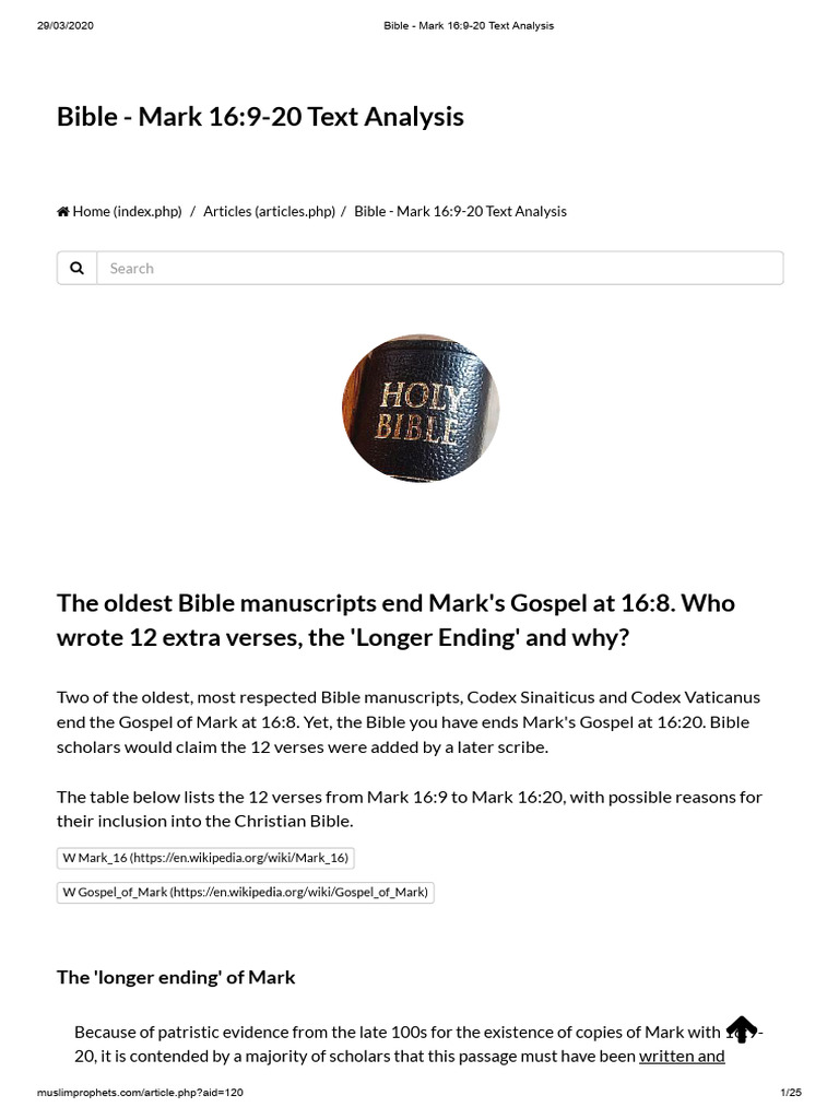 Bible - Mark 16 - 9-20 Text Analysis | PDF | Gospel Of Mark | Bible