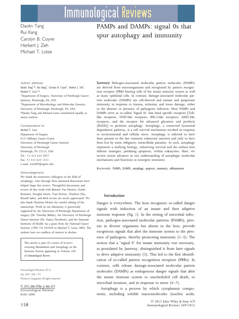 PAMPs and DAMPs Signal 0s That Spur Autophagy and Immunity | PDF ...