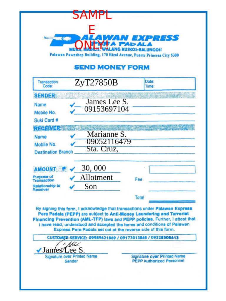 Sample Palawan Receiver Form | PDF