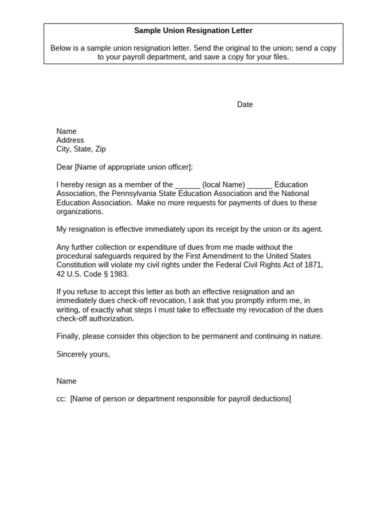Union Membership Resignation Letter Sample | PDF