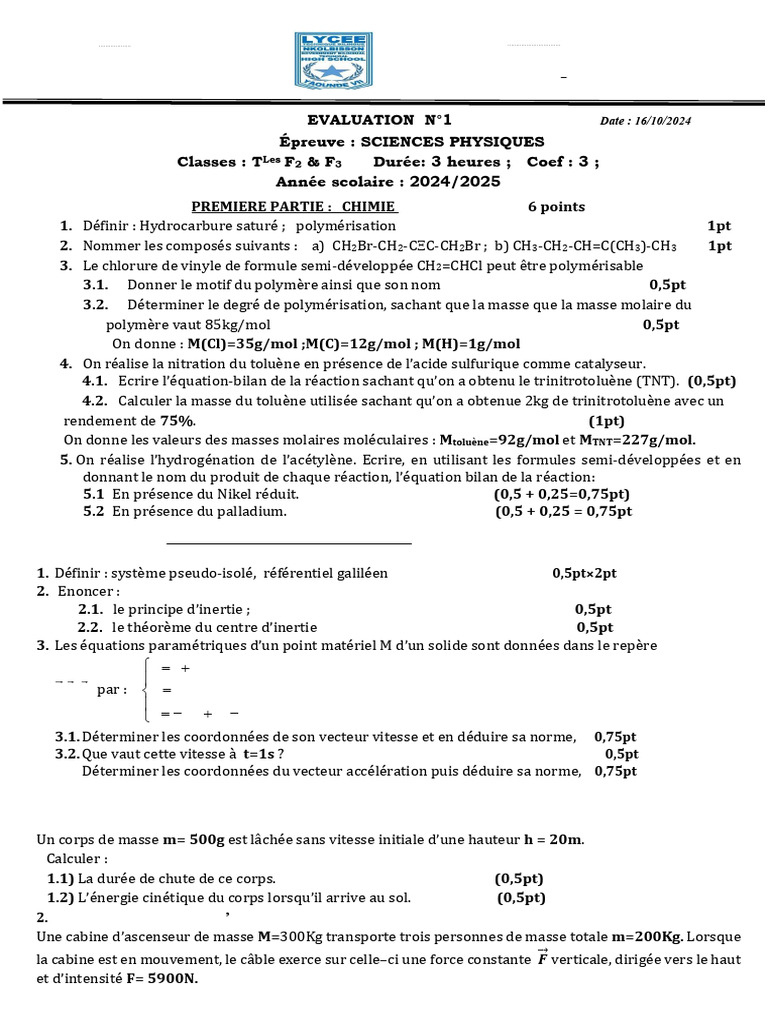 EVAL 1 Tle F2 & F3 2024 2025 | PDF | Accélération | Vitesse