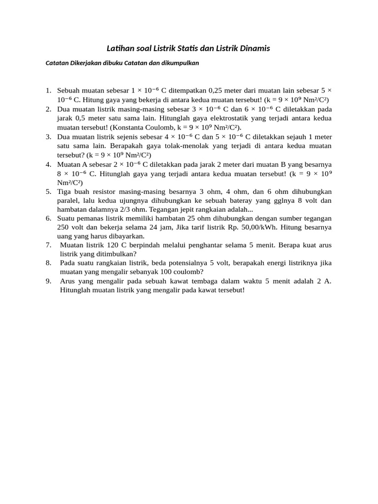 Latihan Soal Listrik Statis Dan Listrik Dinamis | PDF | Sains & Matematika