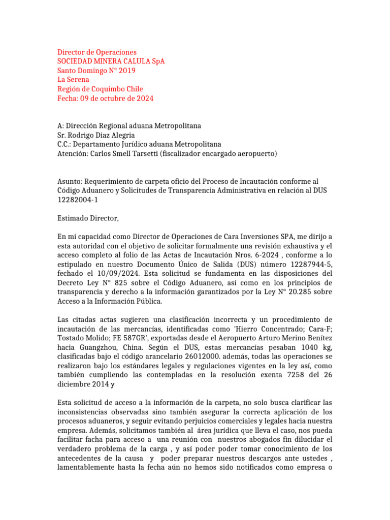Carta Aduana Actas Inc Calula | PDF | Arancel | aduana