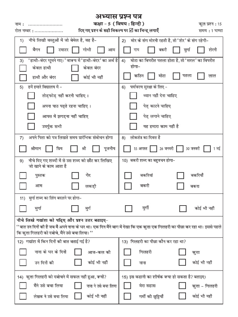 Sample Paper Class 5 | PDF