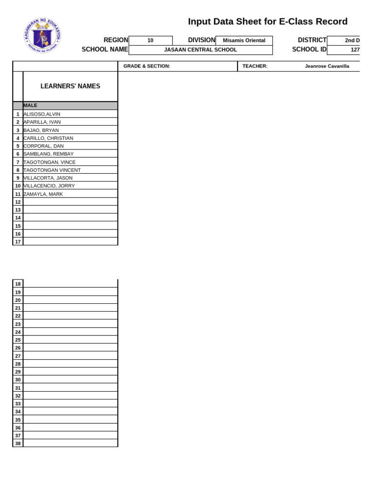 Filipino E Class Record | PDF