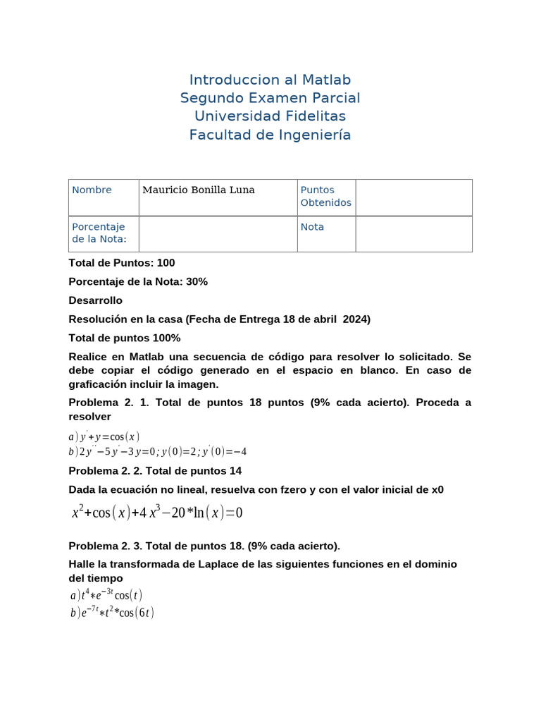 Examen de Matlab para Ingeniería | PDF | Métodos y materiales de enseñanza | Ciencia y matemáticas