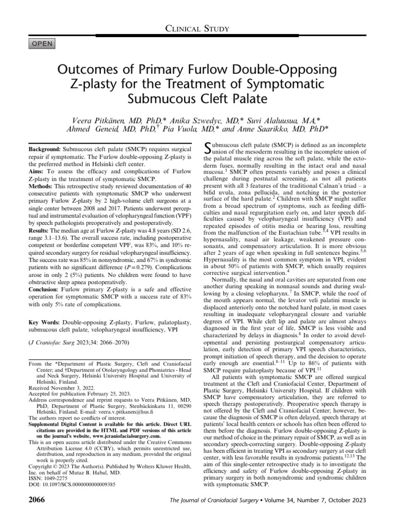 Outcomes of Primary Furlow Double-Opposing Z-Plasty For The Treatment ...