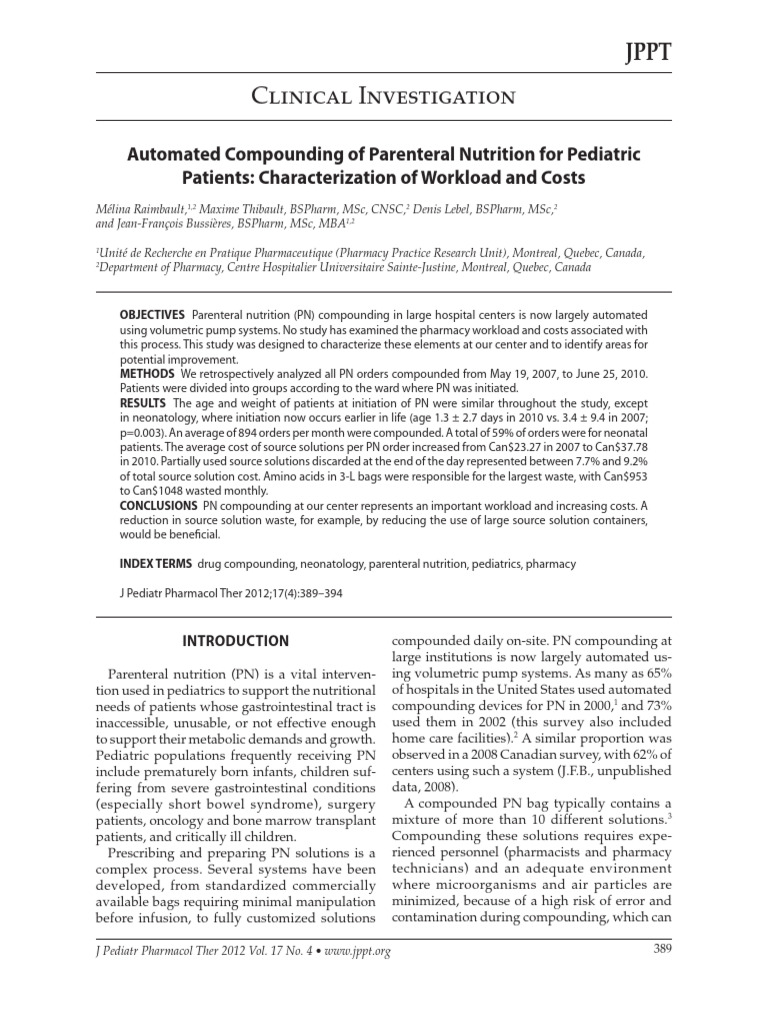 Automated Compounding of Parenteral Nutrition For Pediatric Patients2 1 | PDF | Pharmacy ...