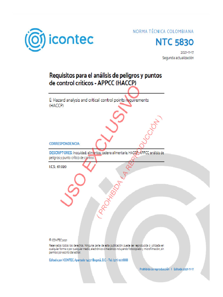 NTC 5830 de 2021 | PDF | Seguridad alimenticia