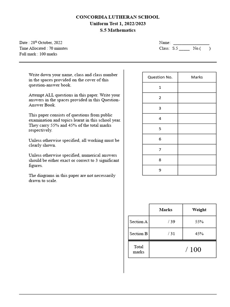 2022-2023 S5 UT1 Math (Eng) | PDF | Circle | Mathematics