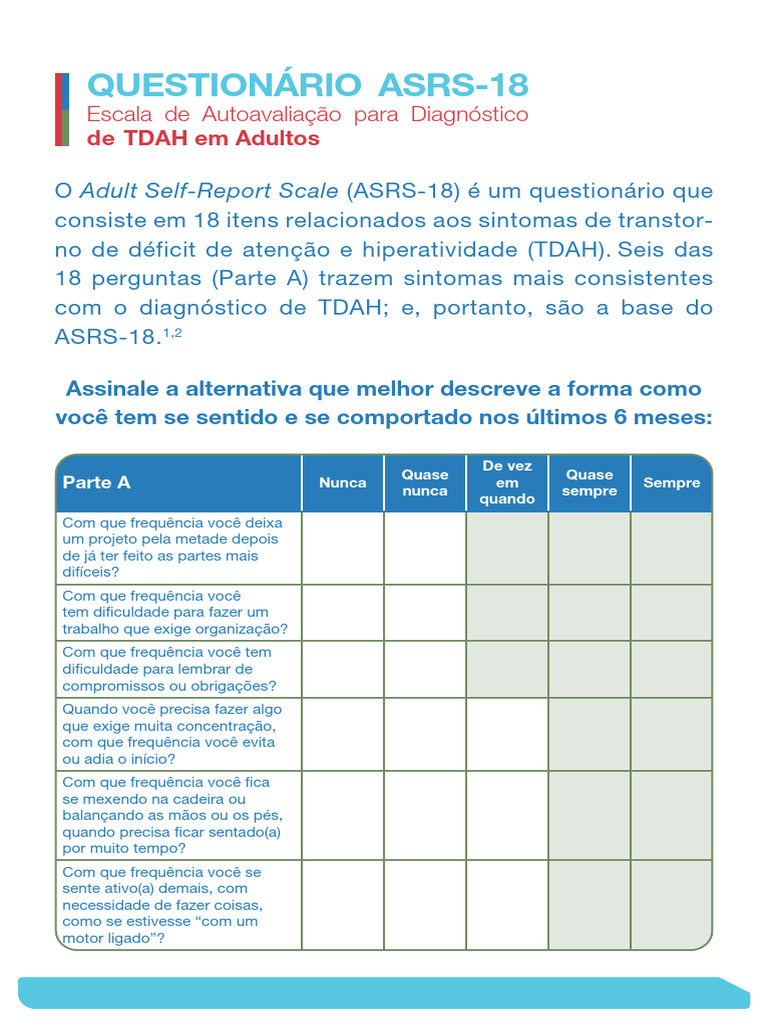 Questionário ASRS-18 para TDAH em Adultos | PDF | Transtorno de déficit ...