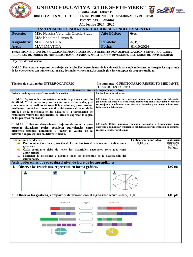 Instrumento-Evaluación 2do Trimestre 2024-2025 Mat | PDF | Evaluación | Número natural
