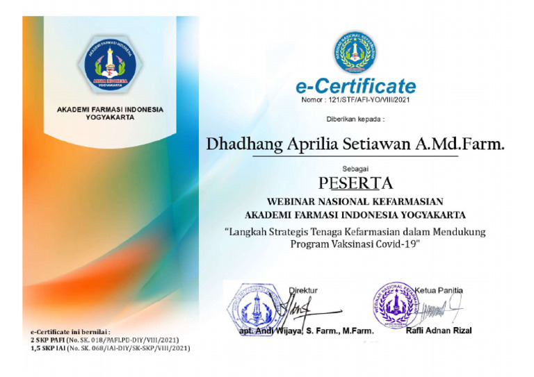 Sertifikat Dhadhang Aprilia Setiawan A.Md - Farm | PDF
