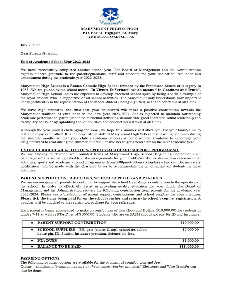 End of Year Letter - July 2023 | PDF | Payments