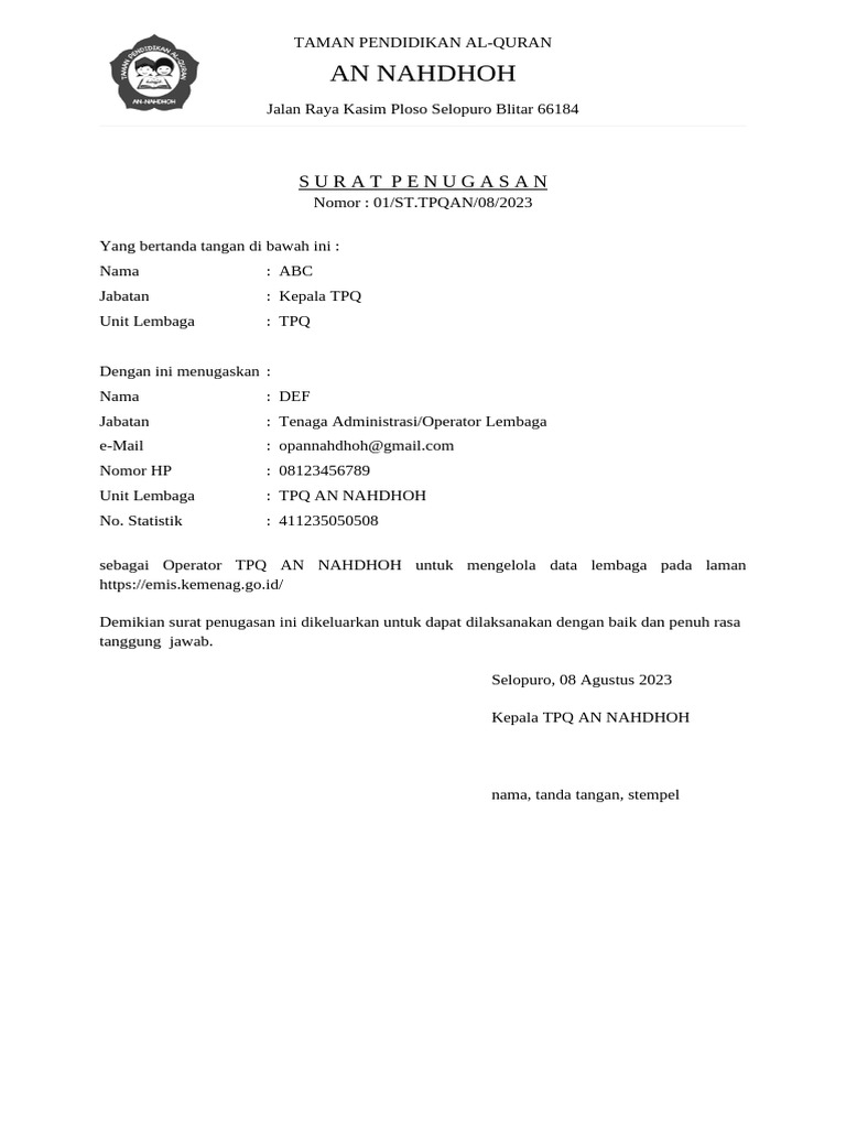Contoh Surat Tugas Operator | PDF