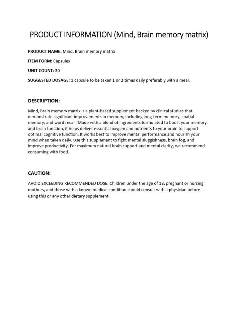 Product Information - Mind - Brain Memory Matrix PDF | PDF | Wellness