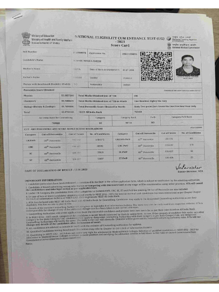 Neet Marksheet | PDF