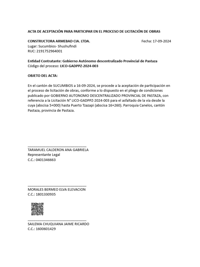 Acta de Licitación de Obras en Pastaza | PDF