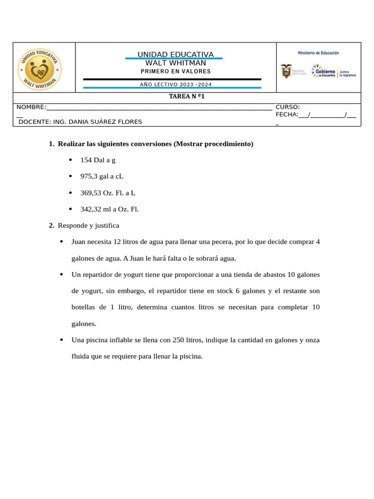 Tarea Nº1 Conversion Volumen (Tercer Trimestre) | PDF