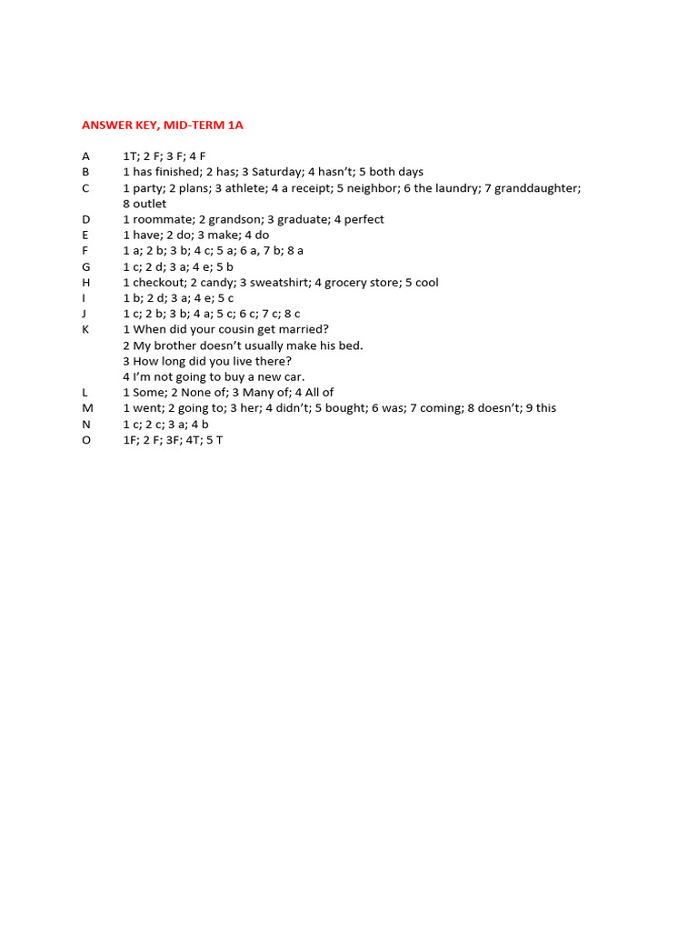 Evolve L2 Midterm Units 1-6 A AnswerKey | PDF