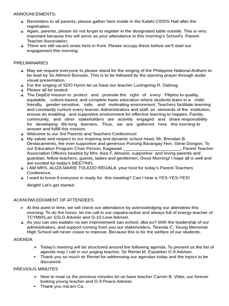 Pta Meeting Emcee Script | PDF | Learning | Behavior Modification