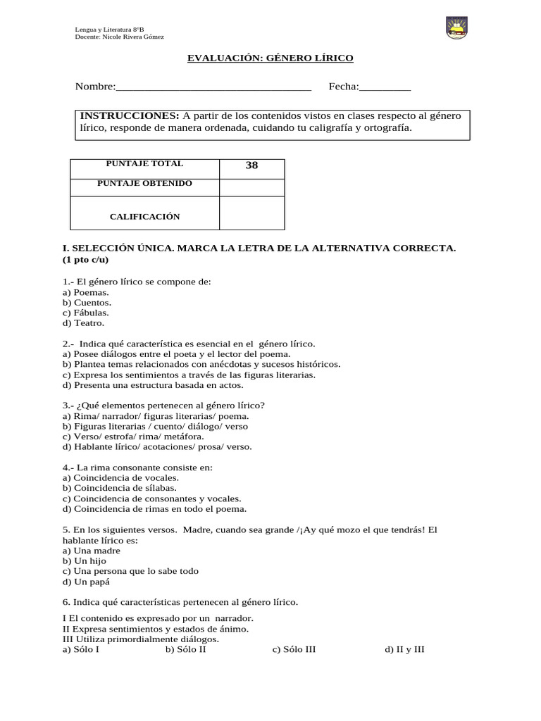 Prueba Poesia 8 | PDF | Poesía | Rima