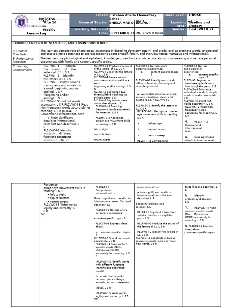 Reading and Literacy - Week7 Sept 16 19 | PDF | Word | Syllable
