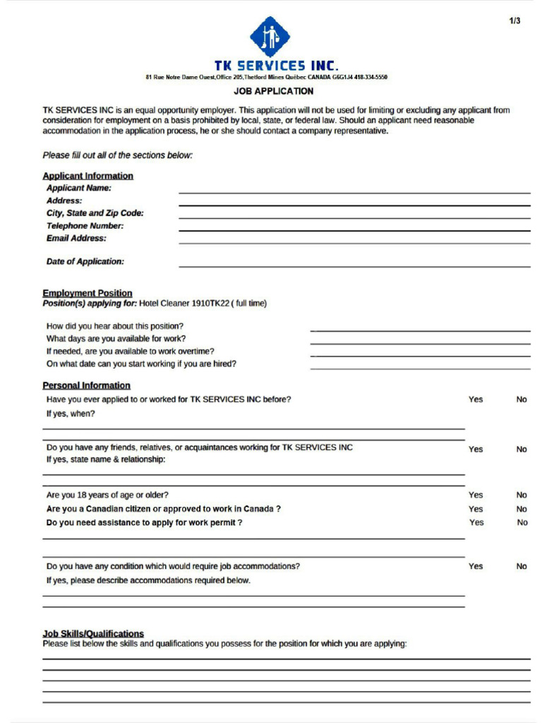 Job Application TK SERVICES INC | PDF
