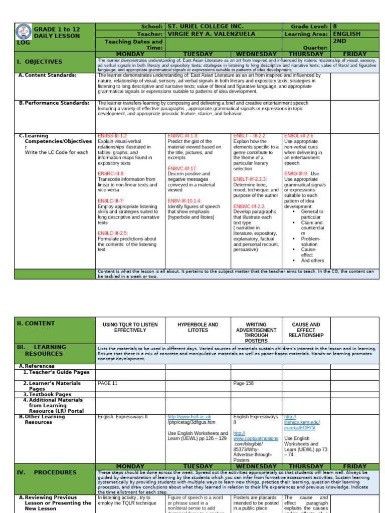 DLL-ENG8-2NDQ-6th-week Edited | PDF | Learning | Narrative