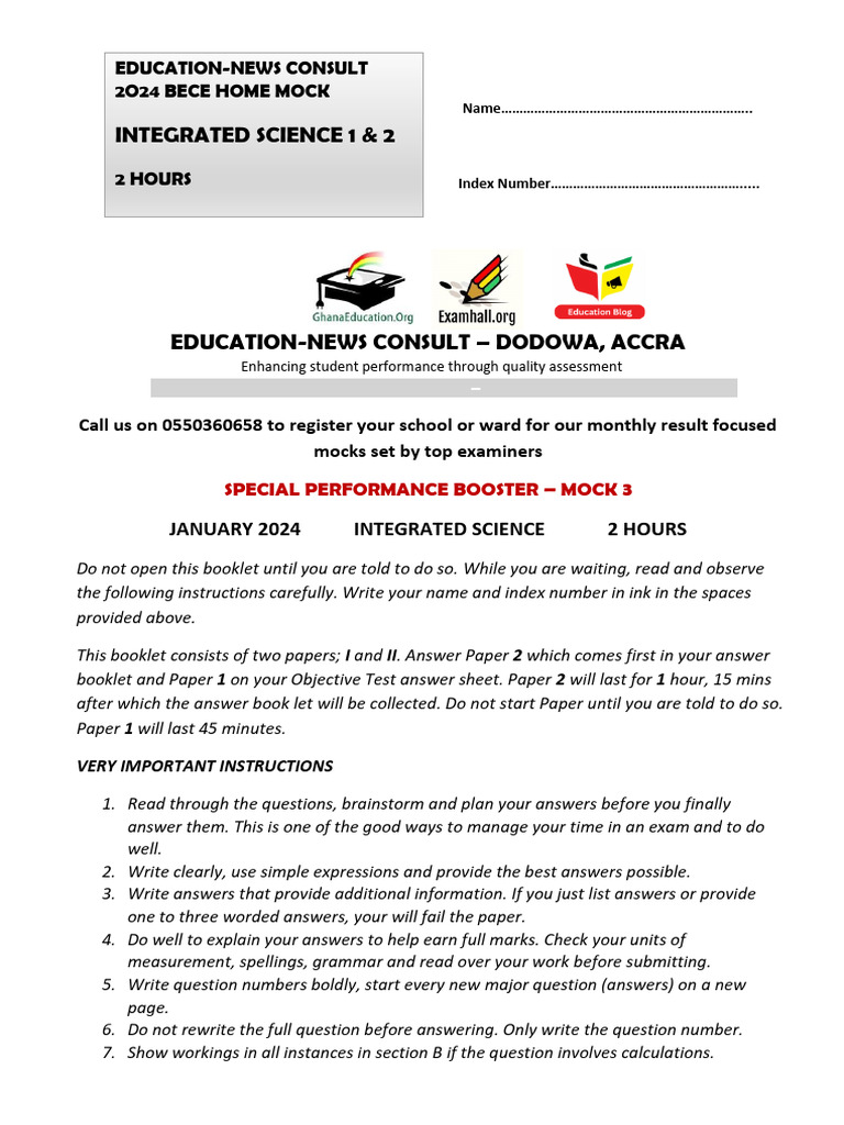 2024 BECE Integrated Science Mock Exam | PDF | Proton | Neutron