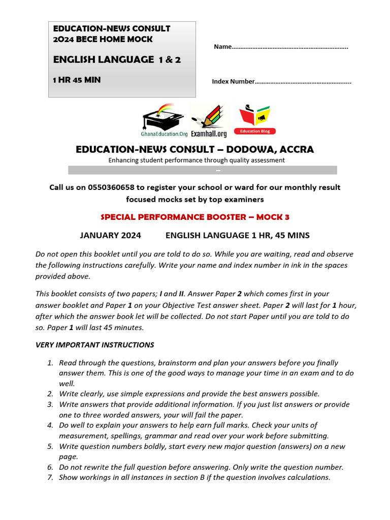 English Language 2024 Bece Mock 3 Jan Edition Question Paper | PDF ...