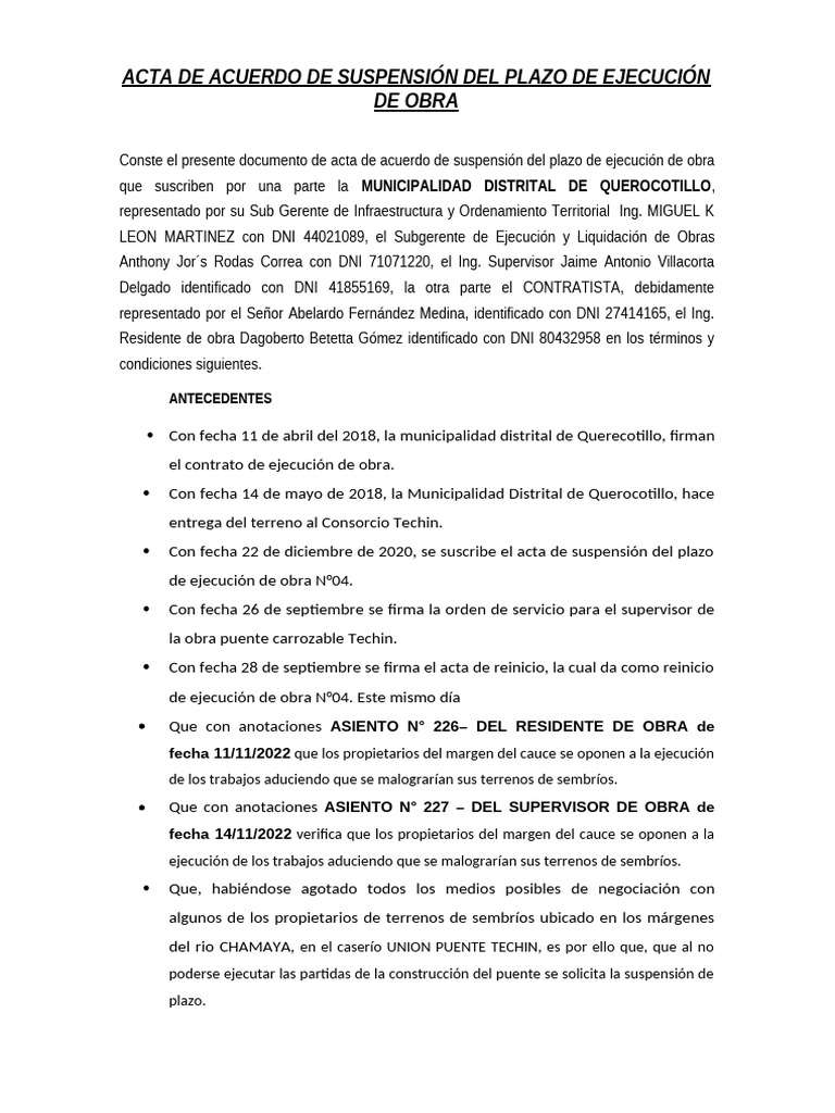 ACTA DE ACUERDO DE SUSPENSIoN DEL PLAZO DE EJECUCI | PDF