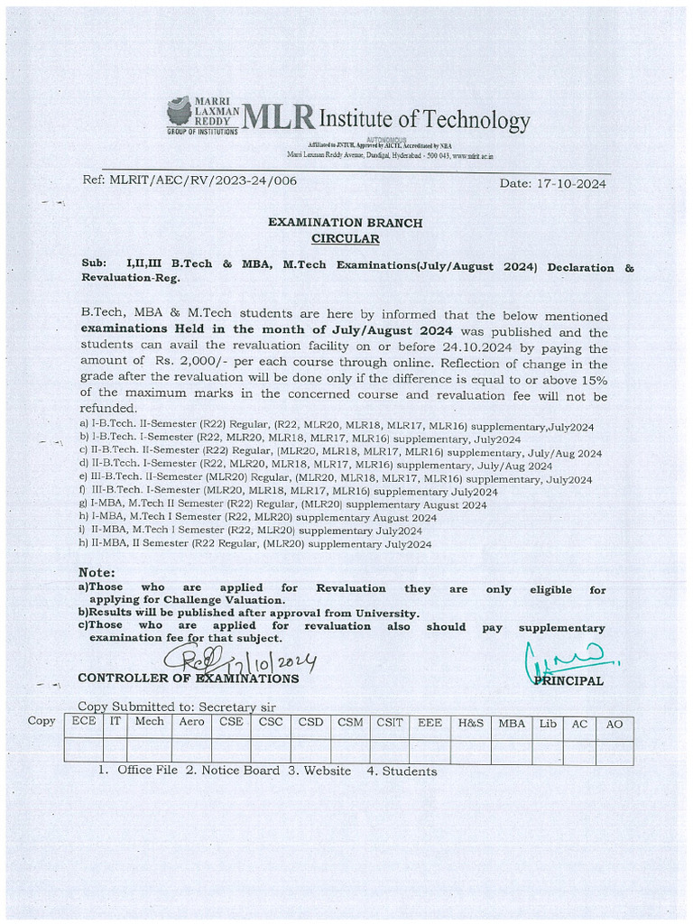 I, II, III B Tech & MBA, M Tech Exams (Jul - Aug 2024) Declaration ...