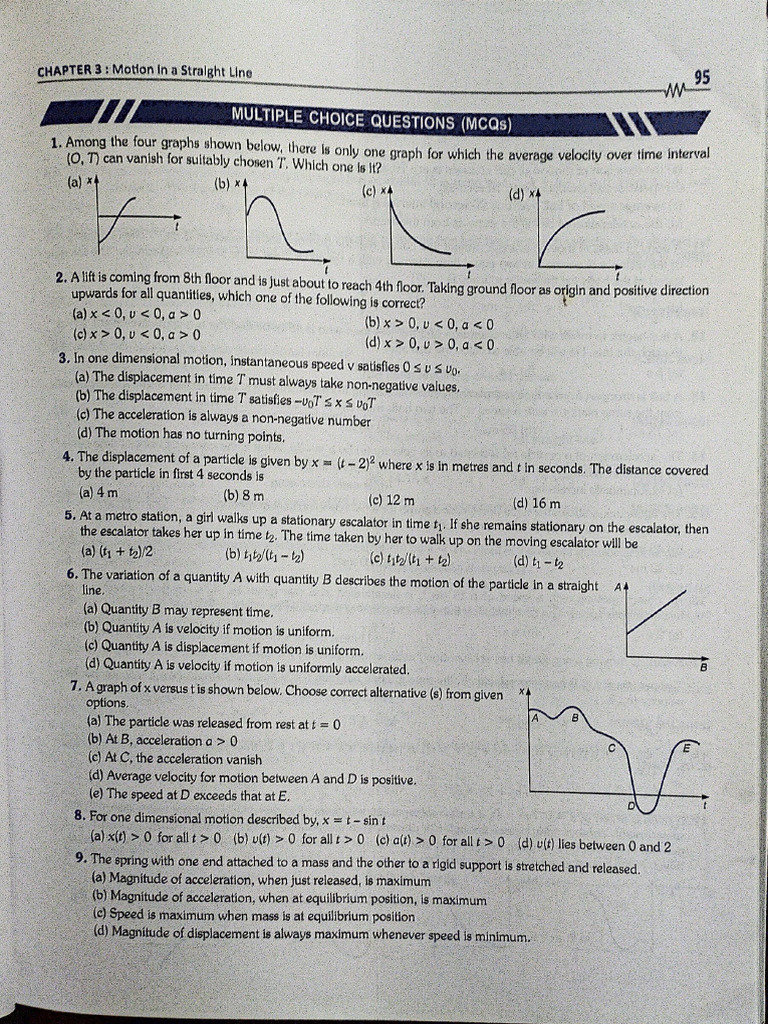 Motion in a Straight Line MCQs | PDF | Acceleration | Velocity