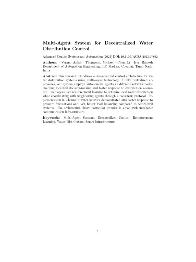Multi-Agent System For Decentralized Water Distribution Control | PDF
