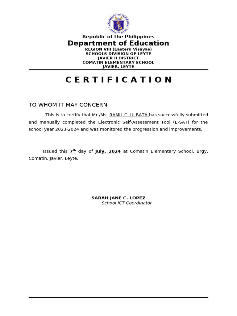 2023-2024 Ict E-Sat Certification | PDF