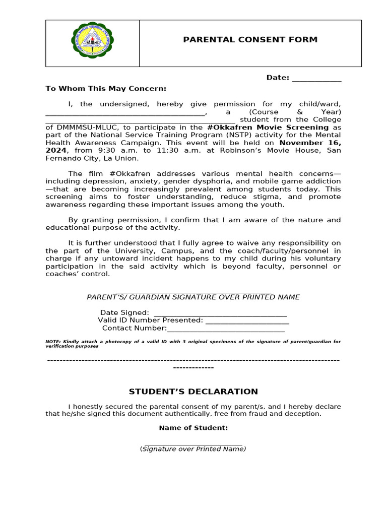 Parental Consent MOVIE SCREENING | PDF | Behavioural Sciences