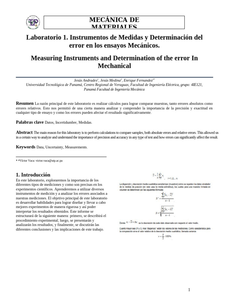 Lab N°1 Mec Mat | PDF | Laboratorios | Medición