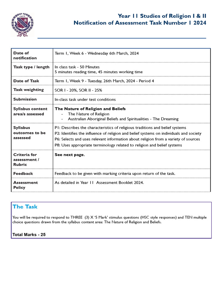 11 SOR I II Assessment Task One - Notification 2024 | PDF