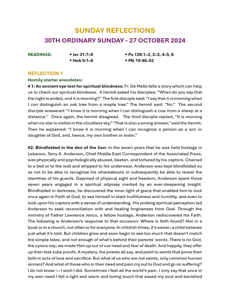 30th Ordinary Sunday English Sermons | PDF | Jesus | Gospel Of Mark