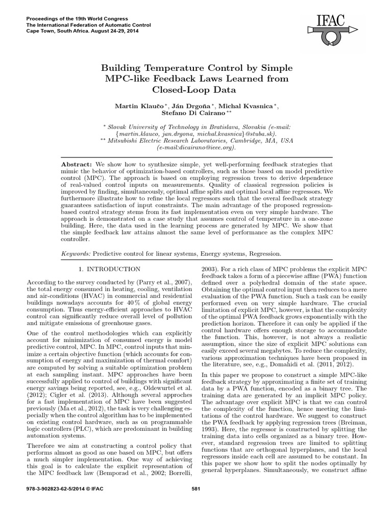Building Temperature Control by Simple MPC Like Feedback - 2014 - IFAC Proceedin | PDF | Linear ...
