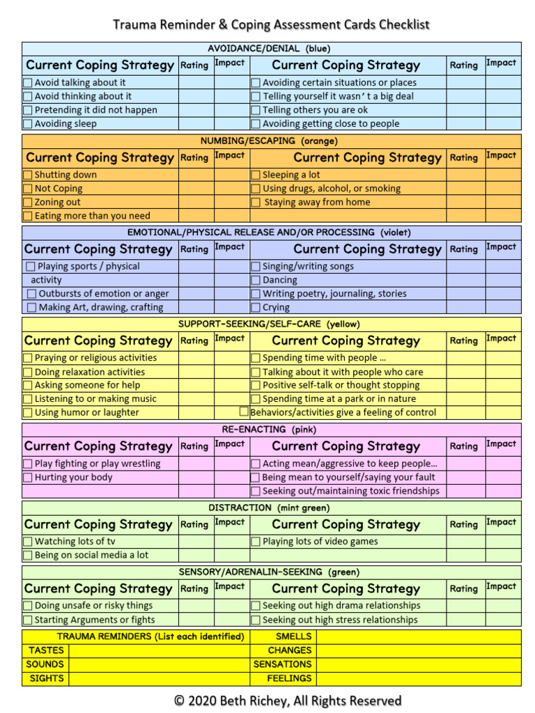 Trauma Reminder & Coping Assessment Cards Checklist V2 | PDF ...