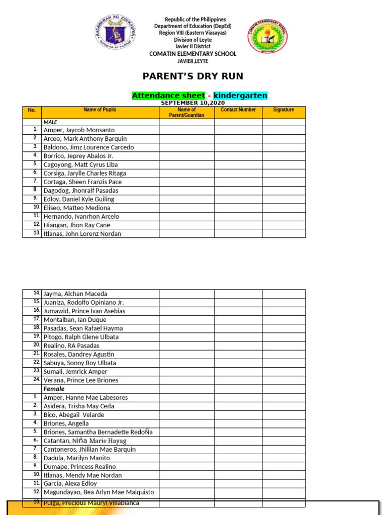 Attendance Sheet (Parent) | PDF