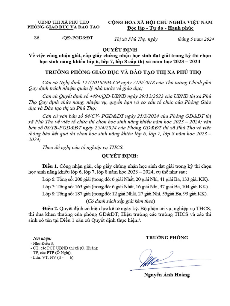 Signed-Qd Cong Nhan Giai HSNK Lop 678 Cap Thi NH 2023-2024 | PDF