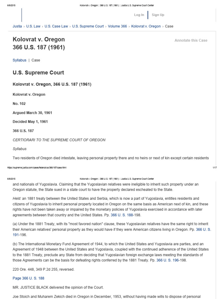 Kolovrat v. Oregon, 366 U.S. 187 (1961) | PDF | Treaty | Supreme Court ...