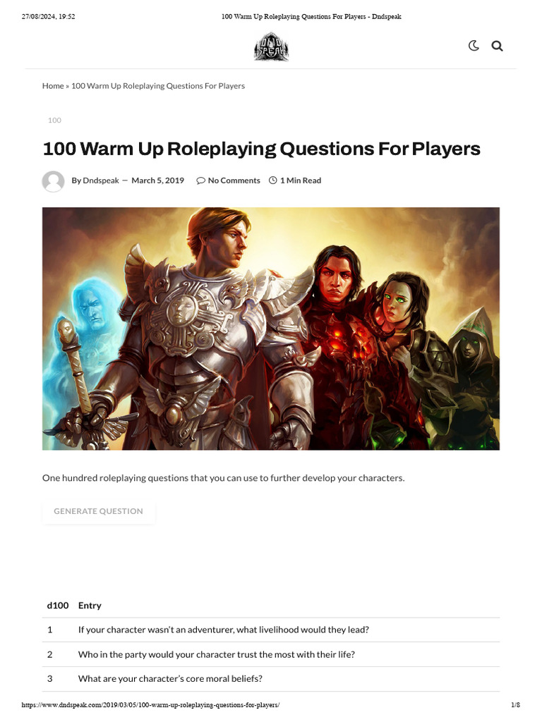 100 Warm Up Roleplaying Questions For Players - Dndspeak | PDF ...