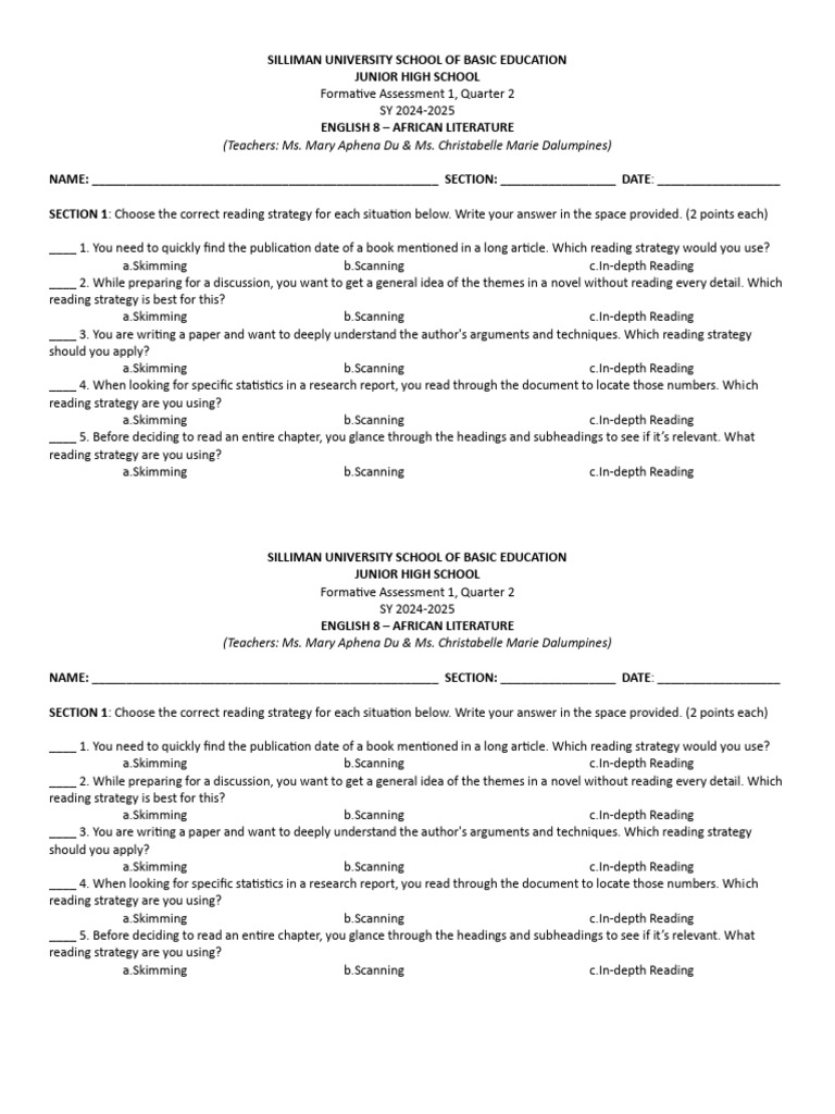 English 8 Formative Assessment: Reading Strategies | PDF | Speed Reading